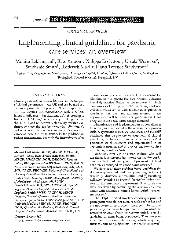 (PDF) Implementing Clinical Guidelines for Paediatric Care Services: An ...