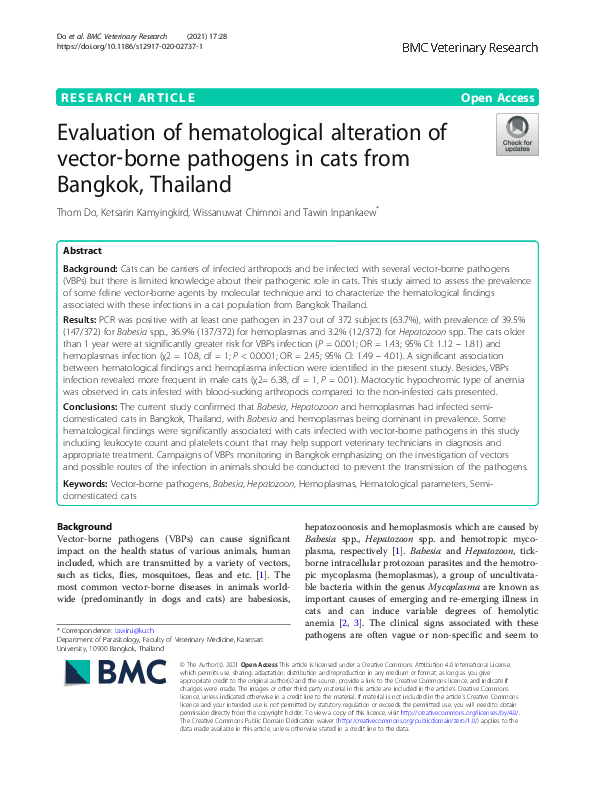 (PDF) Evaluation of hematological alteration of vector‐borne pathogens ...