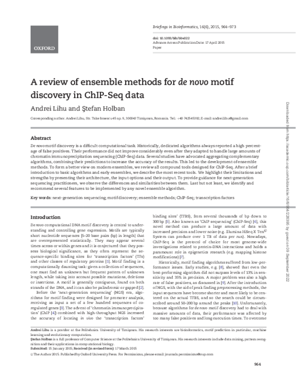 (PDF) A review of ensemble methods for de novo motif discovery in ChIP-Seq data | Stefan HOLBAN ...