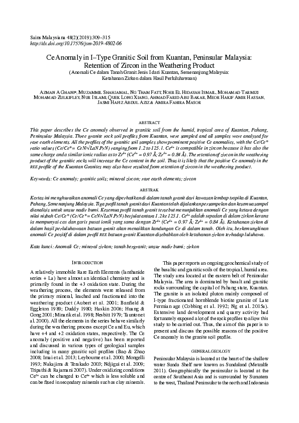 (PDF) Ce Anomaly in I-Type Granitic Soil from Kuantan, Peninsular ...