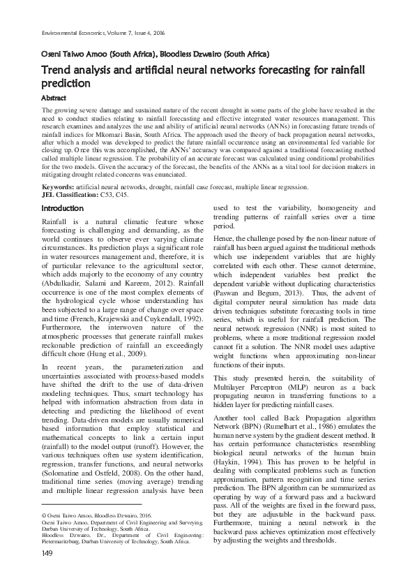 (PDF) Trend analysis and artificial neural networks forecasting for rainfall prediction