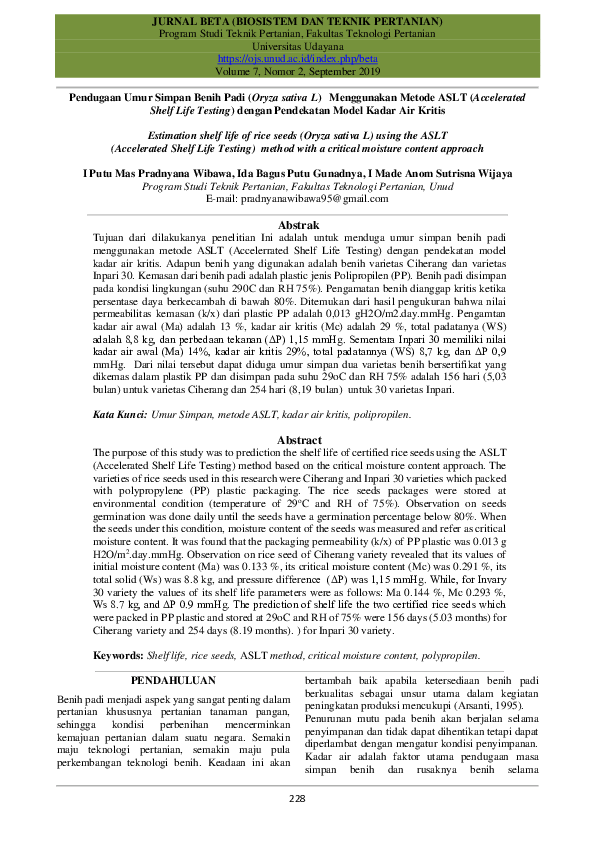 (PDF) Pendugaan Umur Simpan Benih Padi (Oryza sativa L) Menggunakan ...