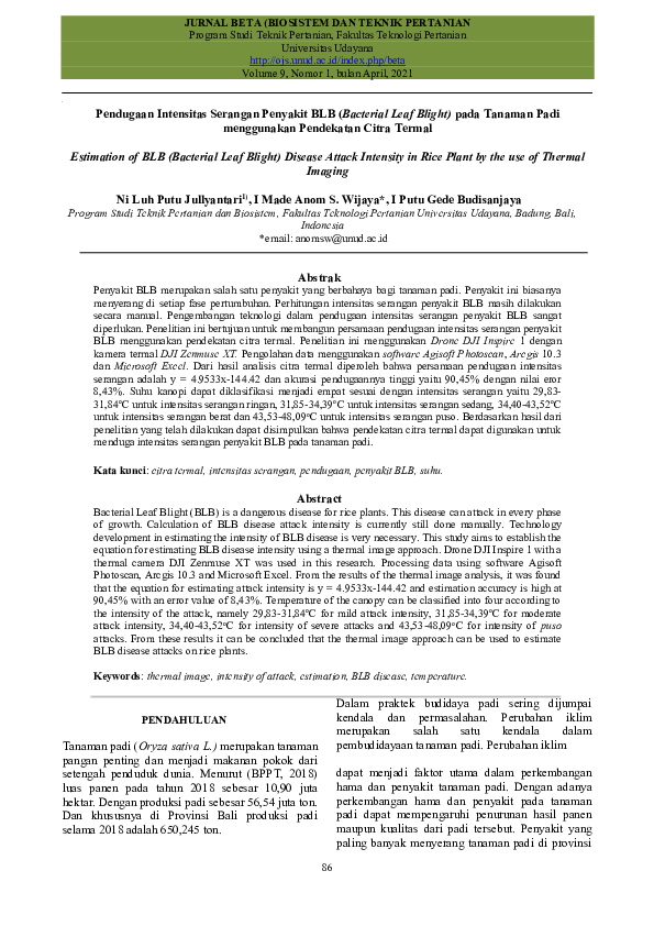 (PDF) Pendugaan Intensitas Serangan Penyakit BLB (Bacterial Leaf Blight) pada Tanaman Padi ...