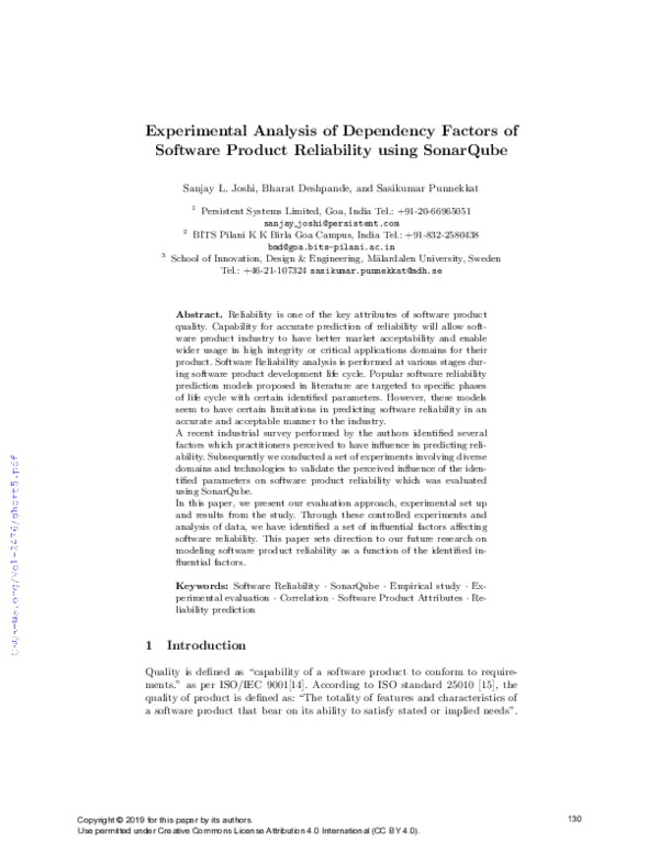 (PDF) Experimental Analysis of Dependency Factors of Software Product Reliability using SonarQube