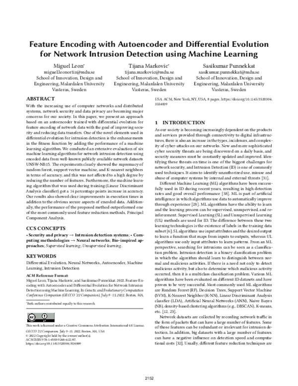 Pdf Feature Encoding With Autoencoder And Differential Evolution For Network Intrusion 