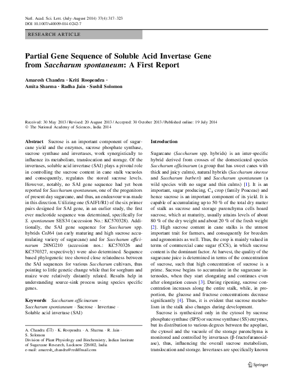 (PDF) Partial Gene Sequence of Soluble Acid Invertase Gene from ...