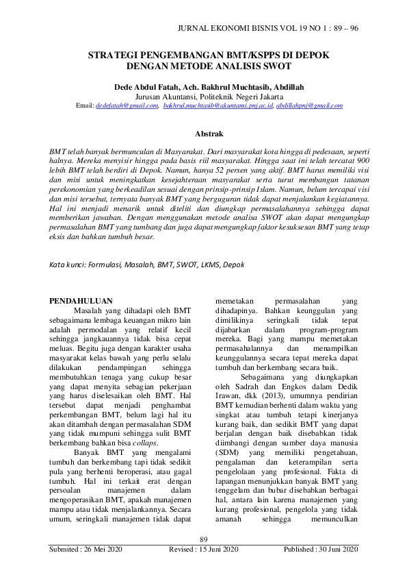 (PDF) Strategi Pengembangan BMT/KSPPS DI Depok Dengan Metode Analisis Swot