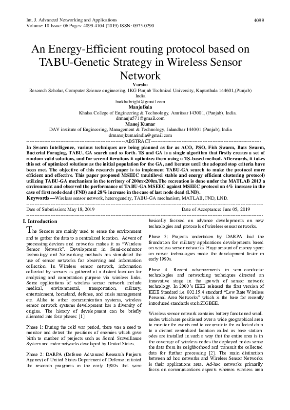 (PDF) An Energy-Efficient routing protocol based on TABU-Genetic Strategy in Wireless Sensor Network