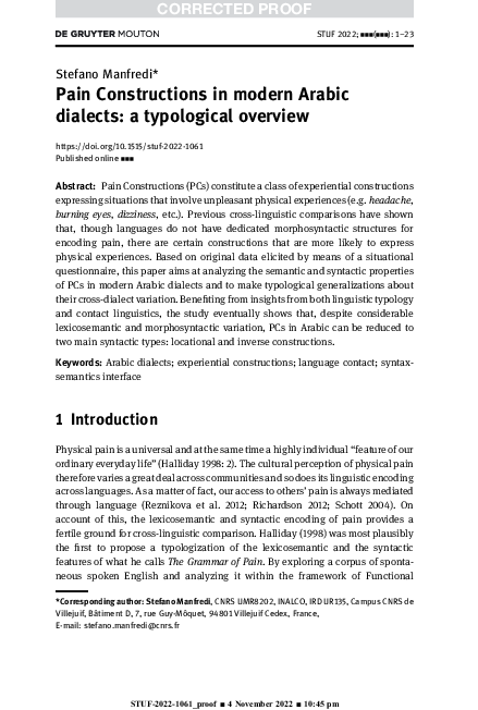 (PDF) Pain Constructions in modern Arabic dialects: a typological overview