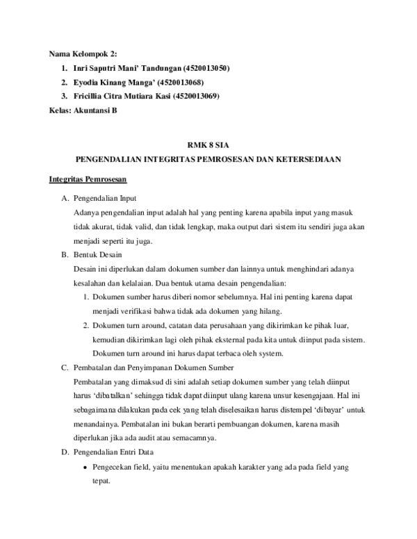 (PDF) RMK 8 SIA PENGENDALIAN INTEGRITAS PEMROSESAN DAN KETERSEDIAAN