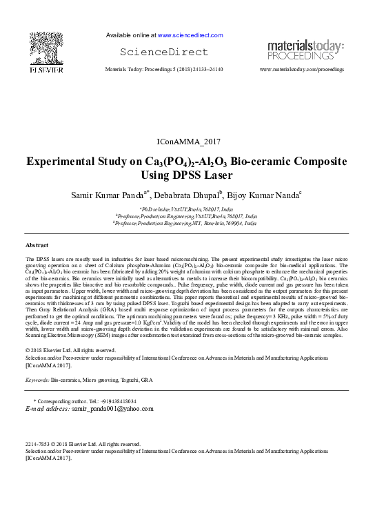 (PDF) Experimental Study on Ca3(PO4)2-Al2O3 Bio-ceramic Composite Using DPSS Laser