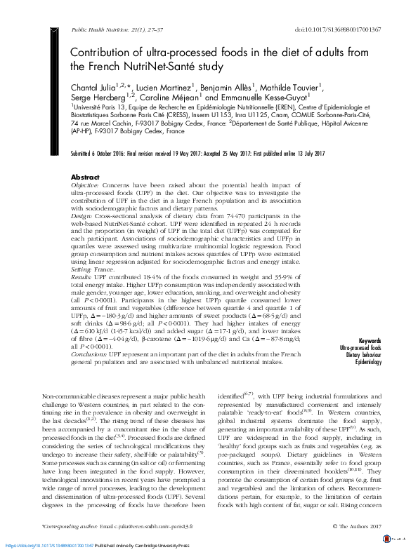 (PDF) Contribution of ultra-processed foods in the diet of adults from ...