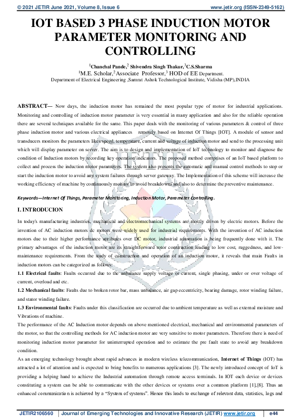 Pdf Iot Based 3 Phase Induction Motor Parameter Monitoring And
