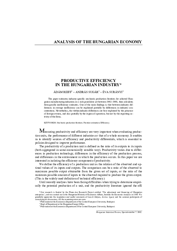 (PDF) Productive Efficiency in the Hungarian Industry | Ádám Reiff ...