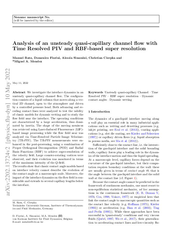 (PDF) Analysis of an unsteady quasi-capillary channel flow with time-resolved PIV and RBF-based ...