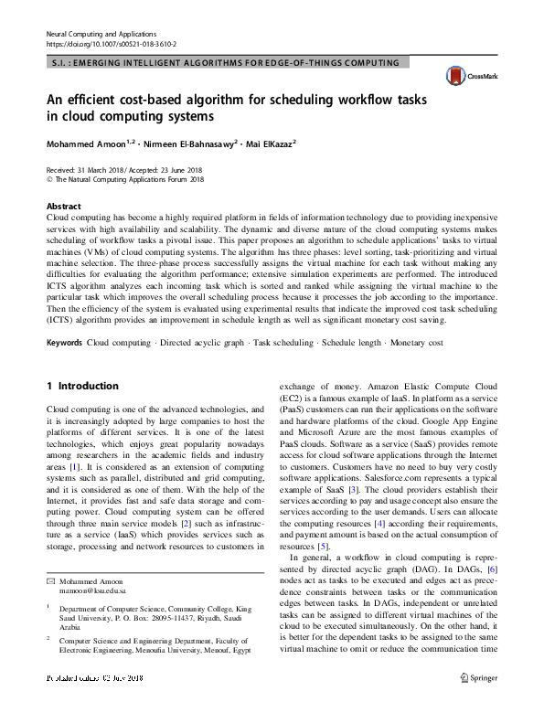 Pdf An Efficient Cost Based Algorithm For Scheduling Workflow Tasks