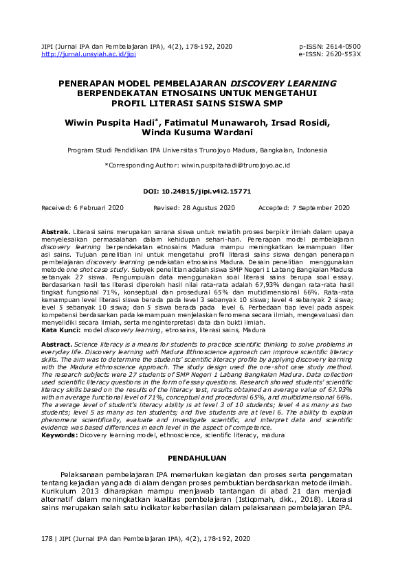 (PDF) Penerapan Model Pembelajaran Discovery Learning Berpendekatan Etnosains untuk Mengetahui ...