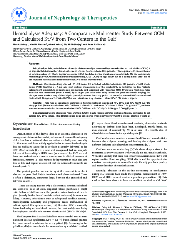 (PDF) Hemodialysis Adequacy: A Comparative Multicenter Study Between ...
