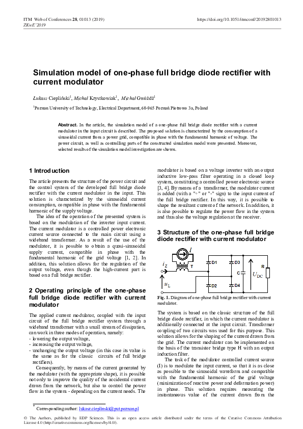 (PDF) Simulation model of one-phase full bridge diode rectifier with current modulator