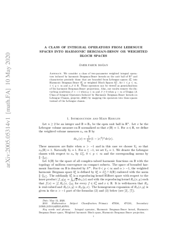 (PDF) A class of Integral Operators from Lebesgue spaces into Harmonic Bergman-Besov or Weighted ...