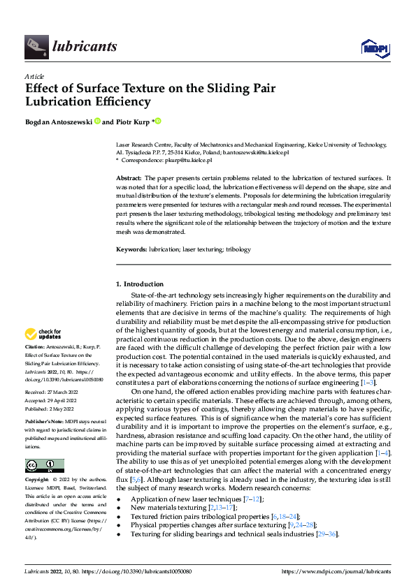 (PDF) Effect of Surface Texture on the Sliding Pair Lubrication Efficiency