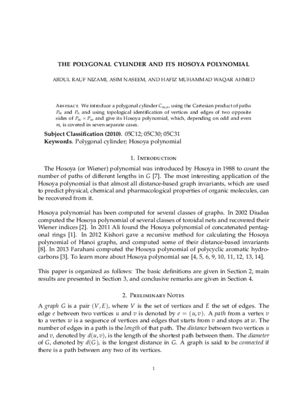 (PDF) The Polygonal Cylinder and Its Hosoya Polynomial