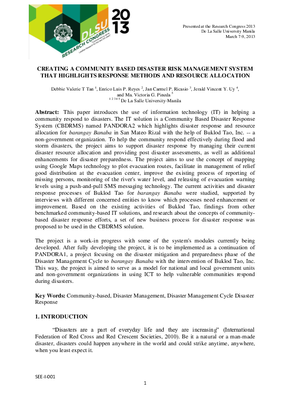 (PDF) Creating a Community Based Disaster Risk Management System That ...