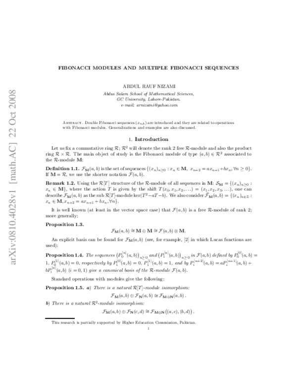 (PDF) Fibonacci modules and multiple Fibonacci sequences