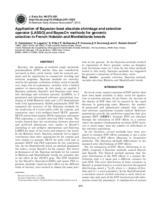 Pdf Application Of Bayesian Least Absolute Shrinkage And Selection Operator Lasso And