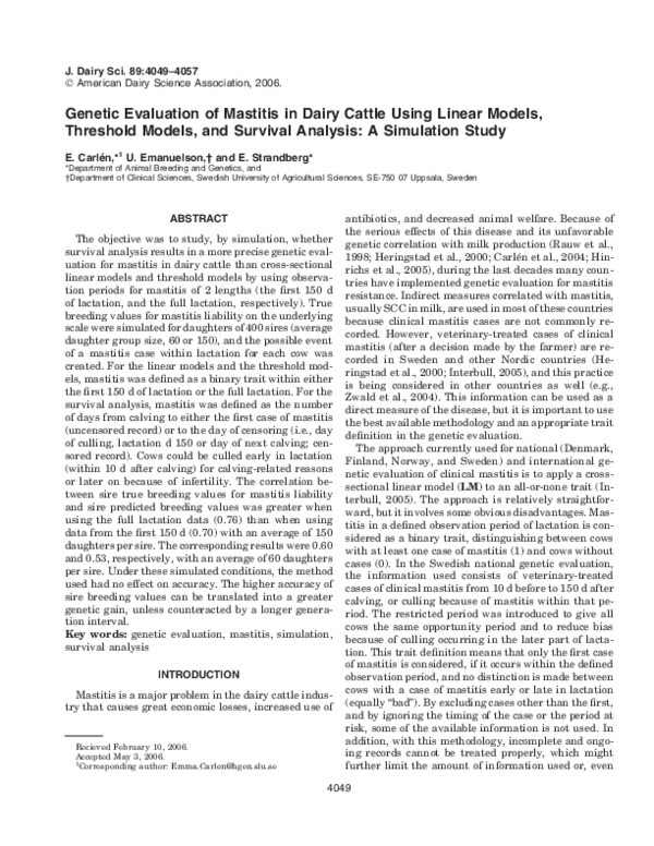 (PDF) Genetic Evaluation of Mastitis in Dairy Cattle Using Linear Models, Threshold Models, and ...