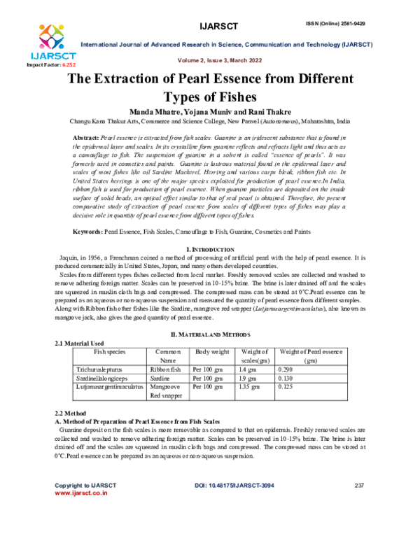 (PDF) The Extraction of Pearl Essence from Different Types of Fishes