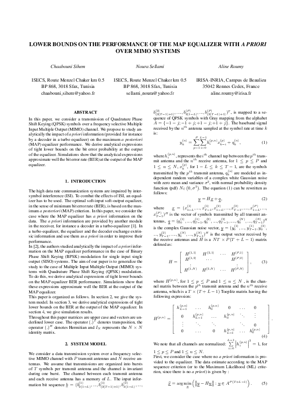 (PDF) Lower bounds on the performance of the map equalizer with a priori over mimo systems ...