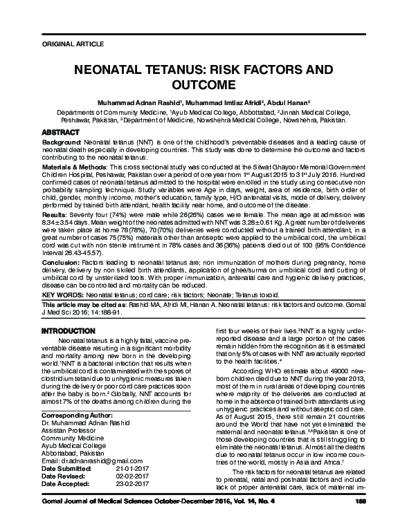 (PDF) Neonatal Tetanus: Risk Factors and Outcome