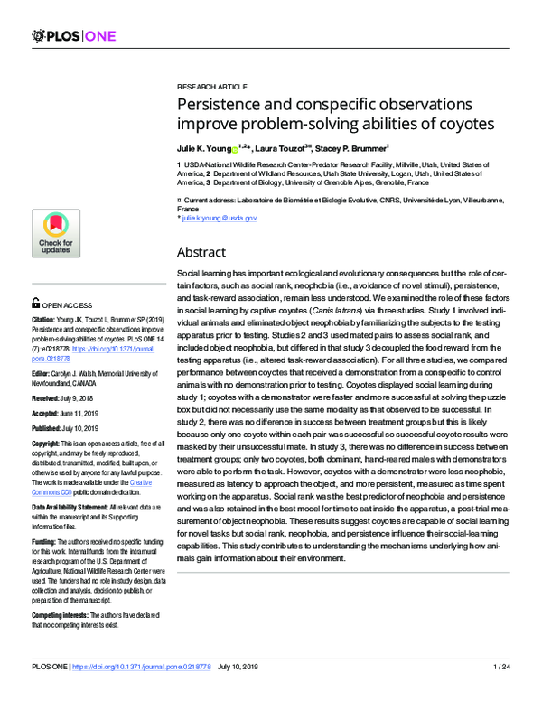 (PDF) Persistence and conspecific observations improve problem-solving ...