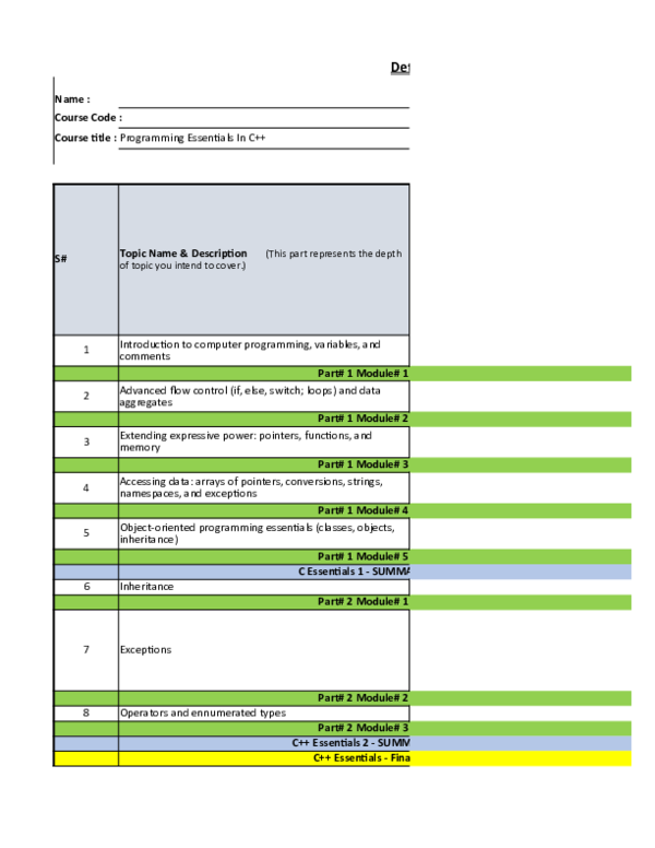 (XLS) C++ lecture plan Batch