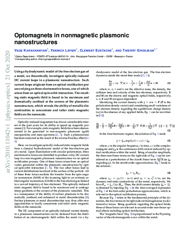 (PDF) Optomagnets in nonmagnetic plasmonic nanostructures