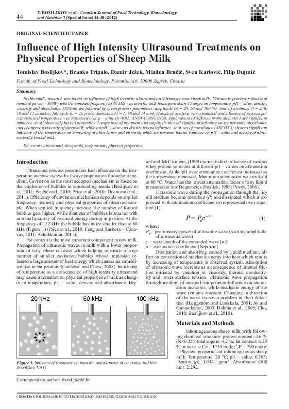 (PDF) Influence of High Intensity Ultrasound Treatments on Physical Properties of Sheep Milk ...