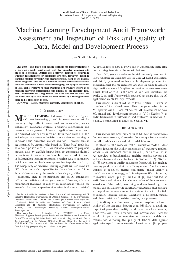 (PDF) Machine Learning Development Audit Framework: Assessment and Inspection of Risk and ...