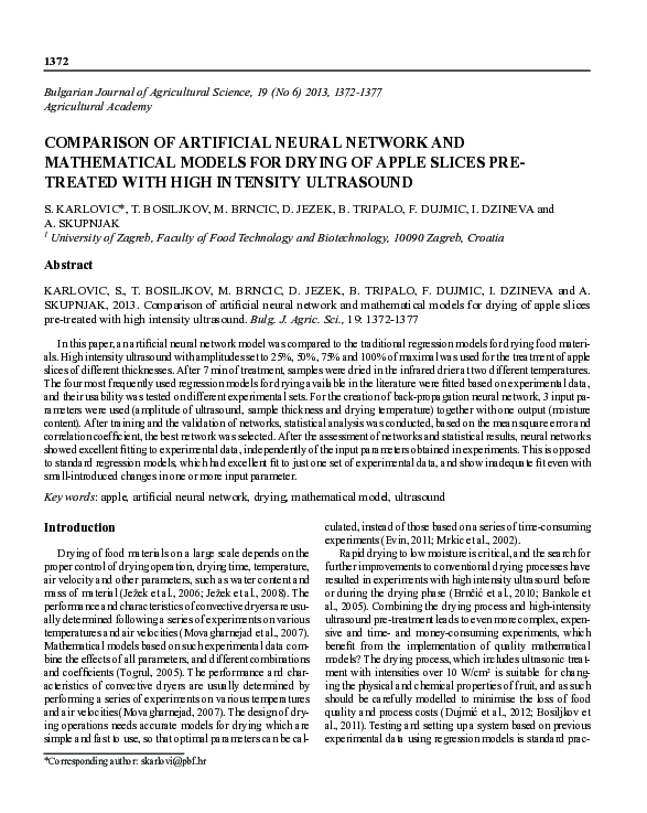 Pdf Comparison Of Artificial Neural Network And Mathematical Models For Drying Of Apple Slices