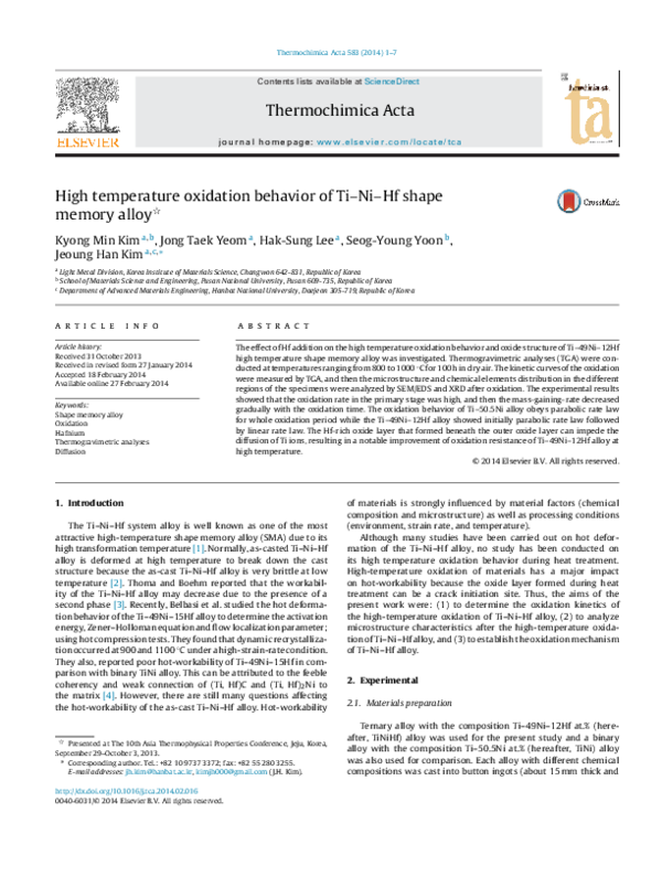 (PDF) High temperature oxidation behavior of Ti–Ni–Hf shape memory alloy | Jong Taek Yeom ...