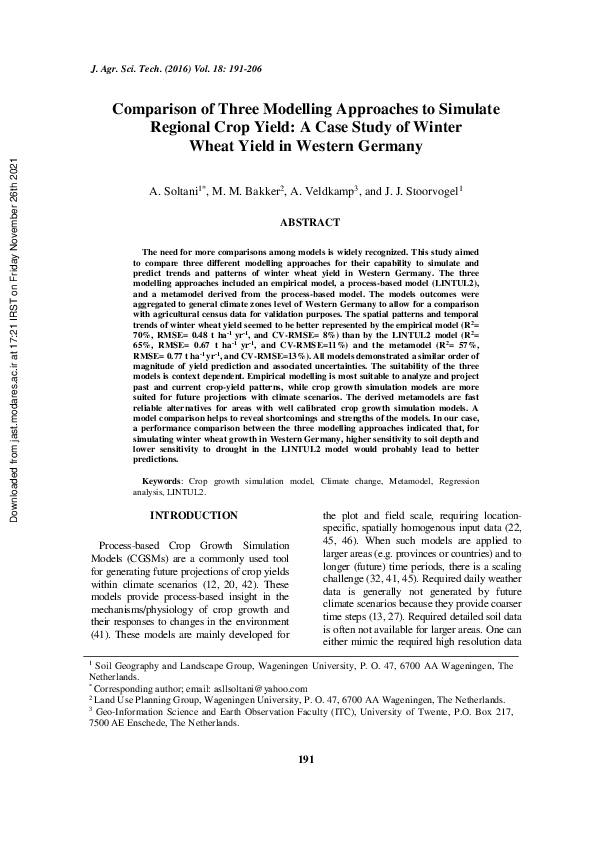 (PDF) Comparison of Three Modelling Approaches to Simulate Regional Crop Yield: A Case Study of ...
