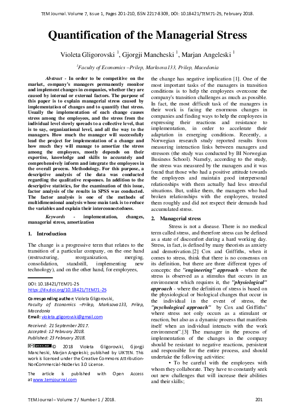 Pdf Quantification Of The Managerial Stress