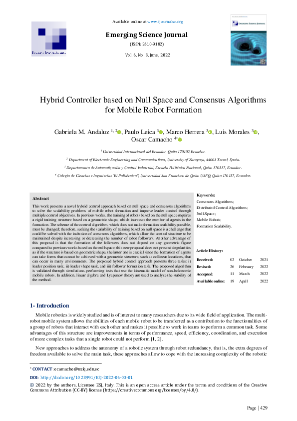 Pdf Hybrid Controller Based On Null Space And Consensus Algorithms For Mobile Robot Formation