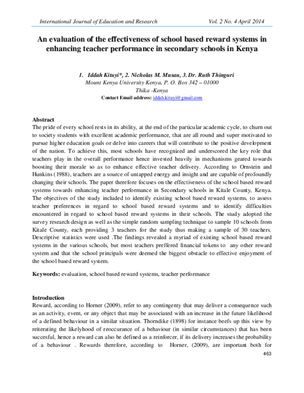 (PDF) An evaluation of the effectiveness of school based reward systems in enhancing teacher ...