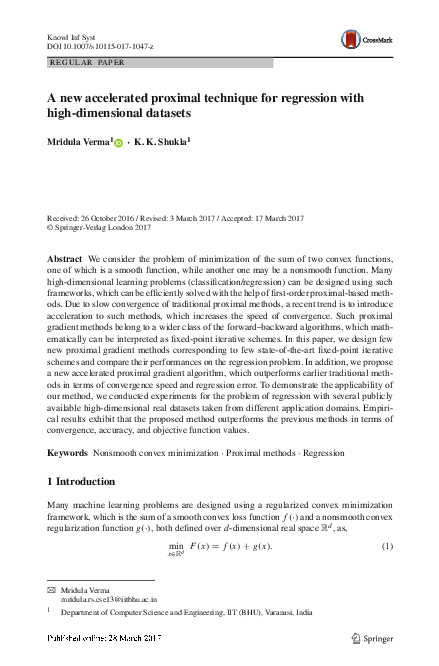 Pdf A New Accelerated Proximal Technique For Regression With High Dimensional Datasets Dr K 2676