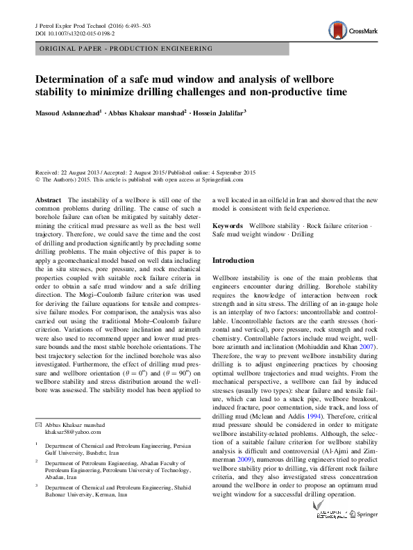 (PDF) Determination of a safe mud window and analysis of wellbore stability to minimize drilling ...