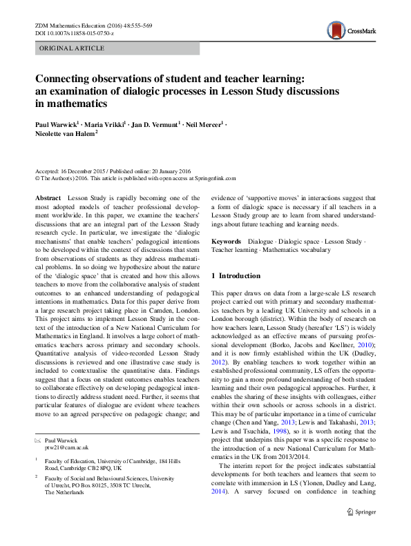 (PDF) Connecting observations of student and teacher learning: an examination of dialogic ...