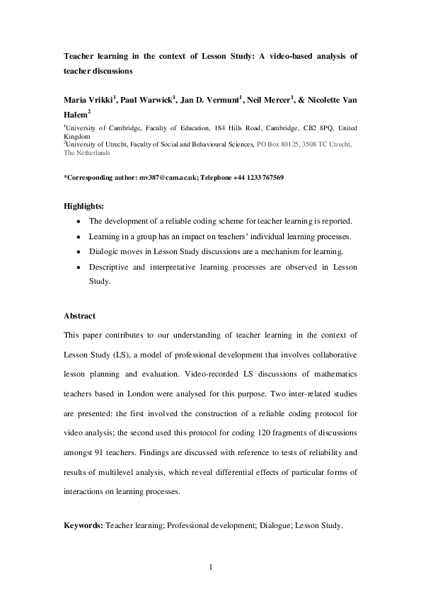 (PDF) Teacher learning in the context of Lesson Study: A video-based analysis of teacher discussions