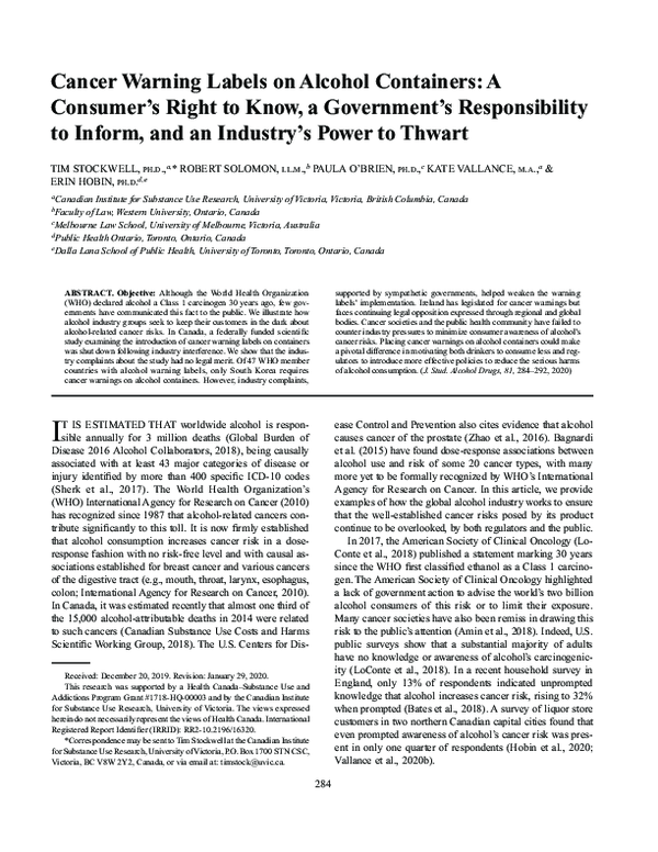 (PDF) Cancer Warning Labels on Alcohol Containers: A Consumer's Right ...