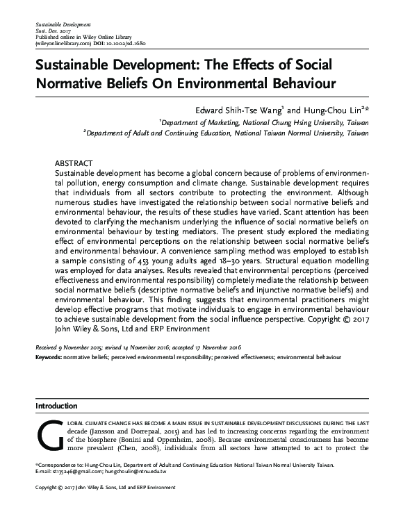 (PDF) Sustainable Development: The Effects of Social Normative Beliefs On Environmental Behaviour